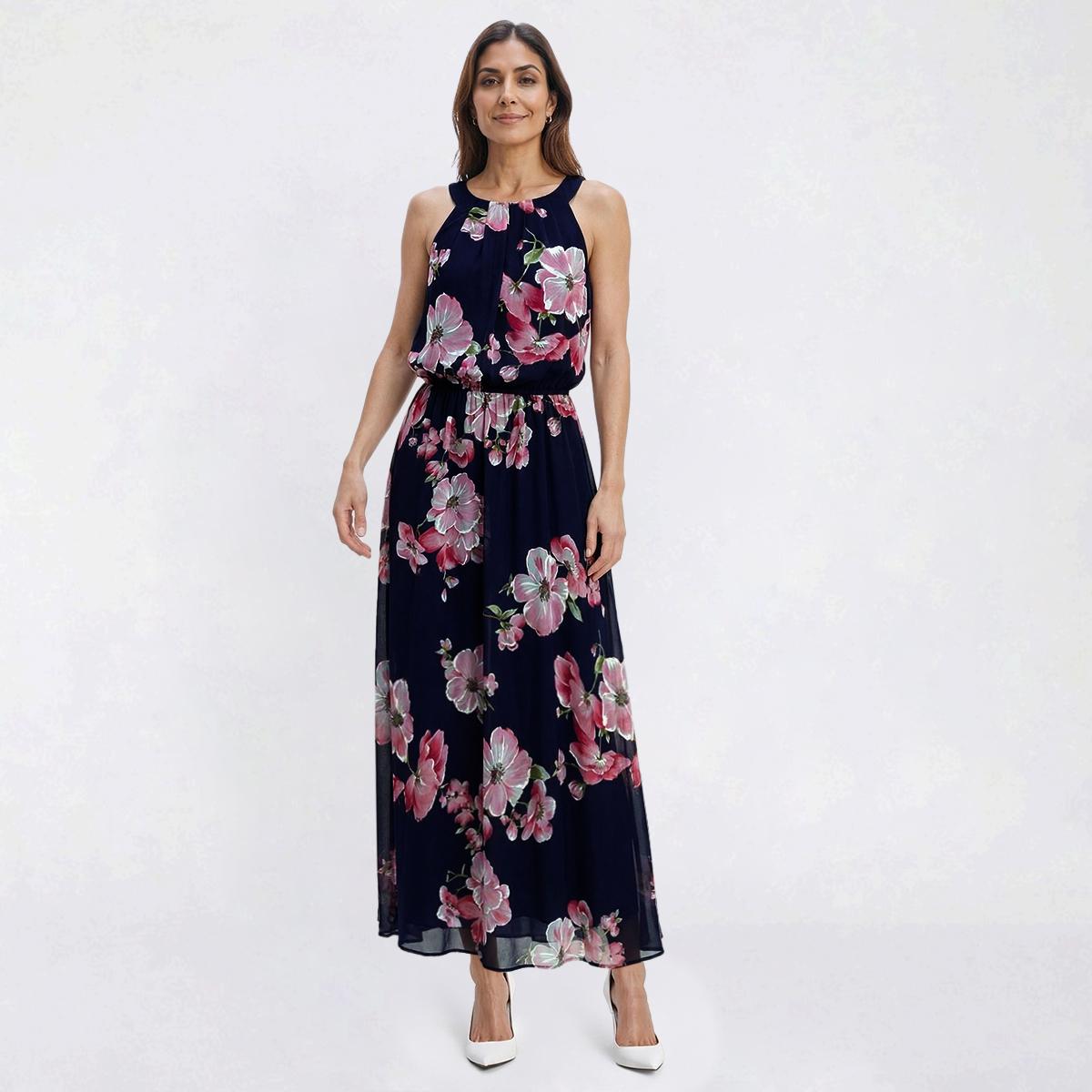 Robbie Bee Womens Floral Print Maxi Dress - Navy/Pink